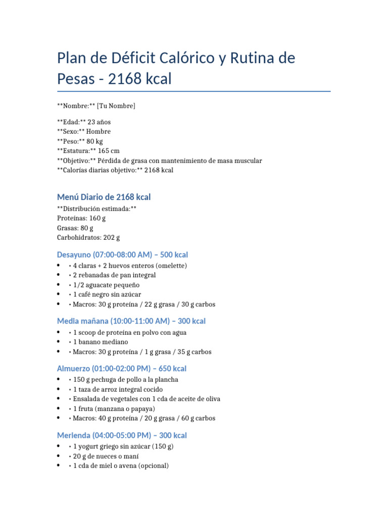 Plan Déficit Calórico Rutina Pesas | PDF | Cocina | Alimentos