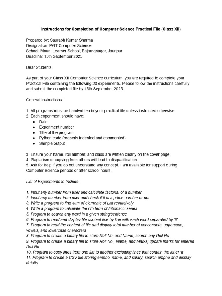 Class 12 CS Practical File Guidelines | PDF | Databases | Computing