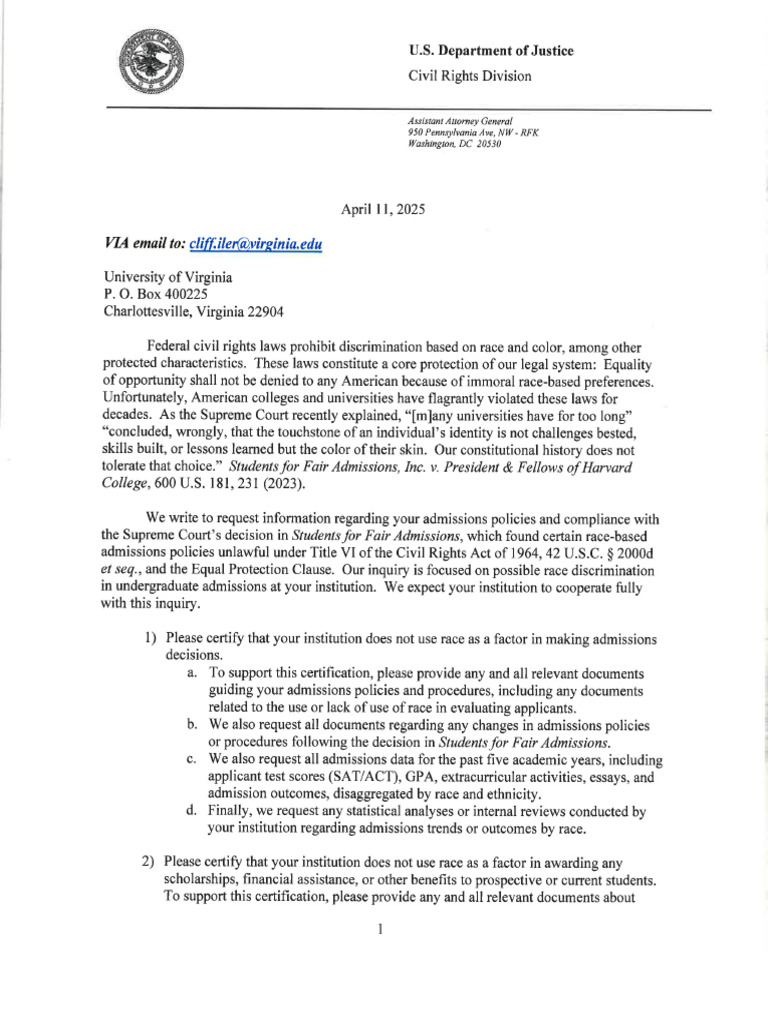 Combined DOJ UVA Letters | PDF | University Of Virginia | Justice