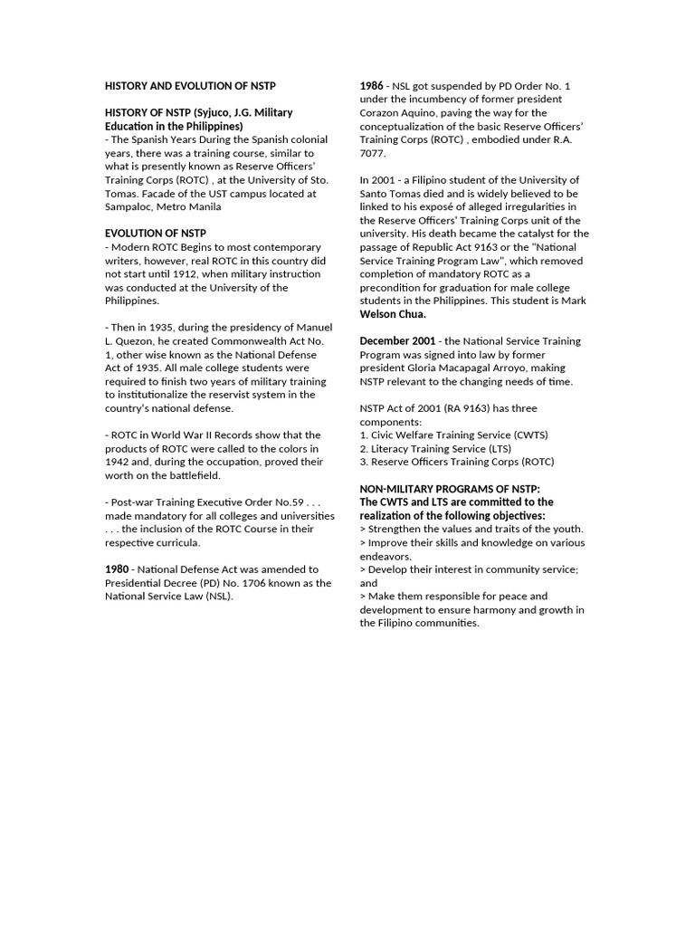 NSTP: History and Evolution in the Philippines | PDF | Philippines