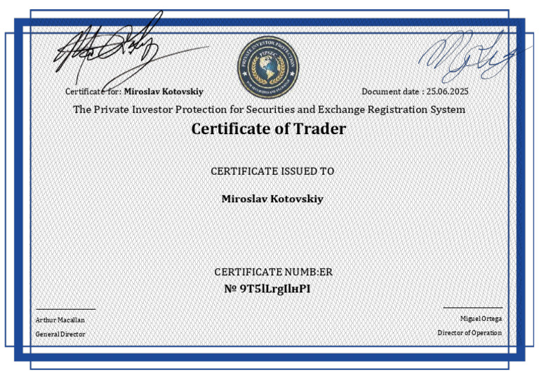 Trader Certificate for Miroslav Kotovskiy | PDF