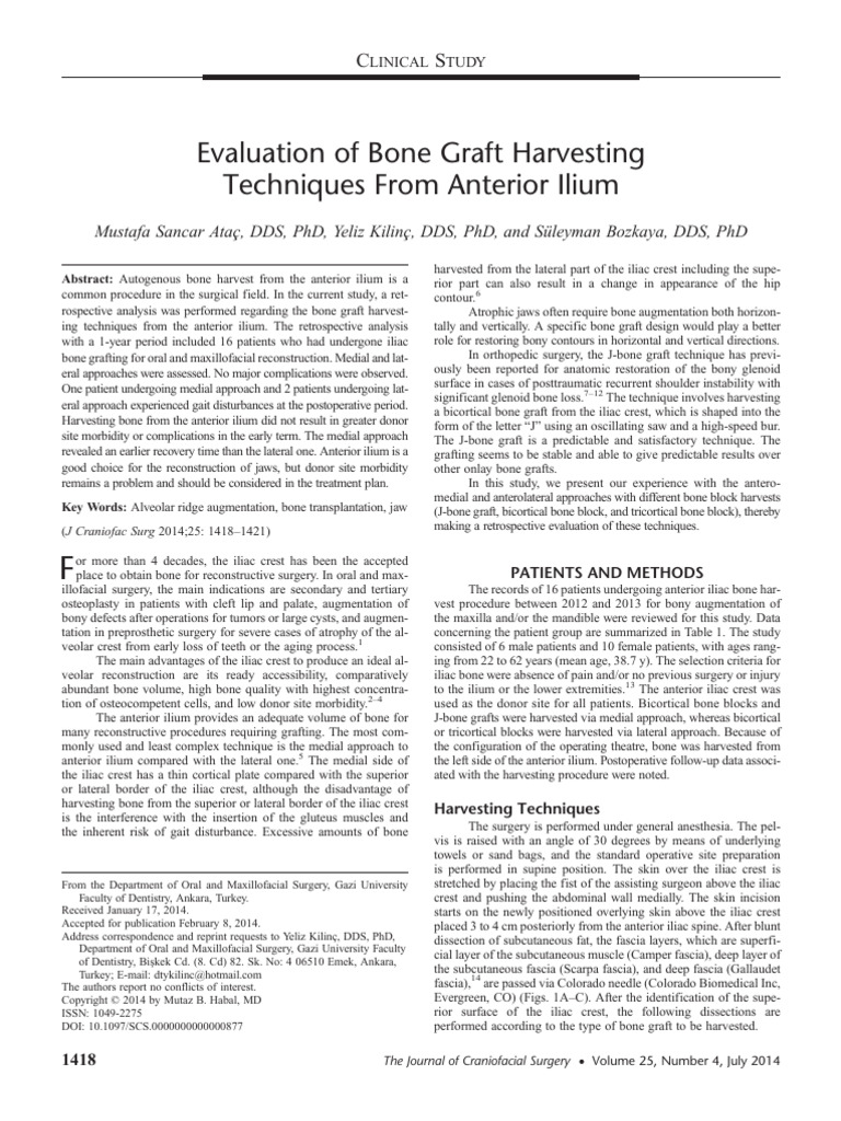 Evaluation of Bone Graft Harvesting Techniques From Anterior Ilium ...