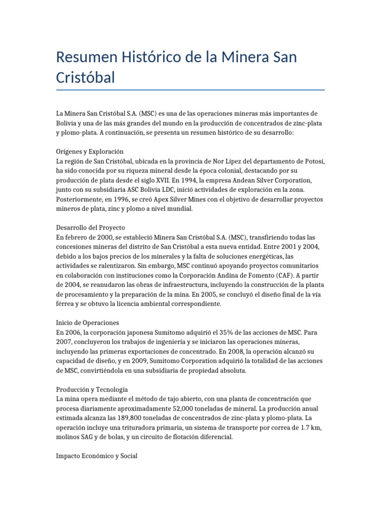 Resumen Historico Minera San Cristobal | PDF | Economias