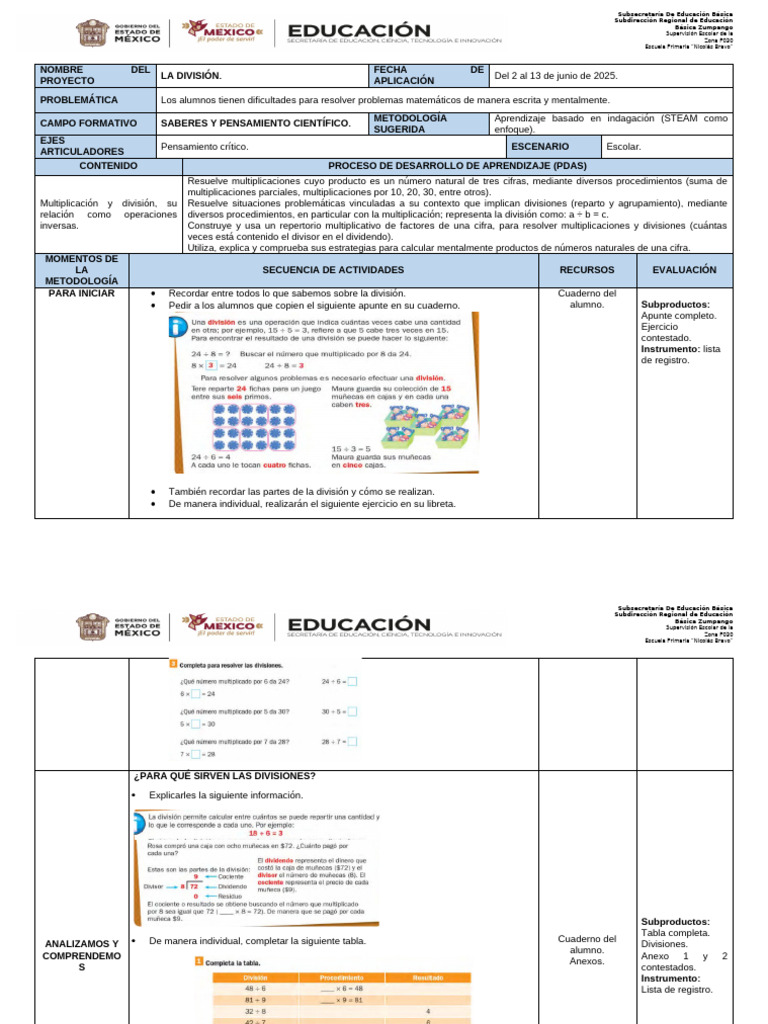 Planeacion de Saberes. Divisiones | PDF | División (Matemáticas ...