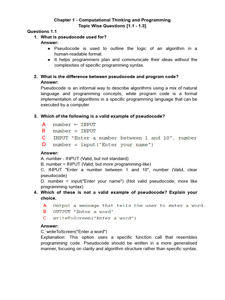 IGCSE 7 COMPUTING Chapter 1 - Computational Thinking and Programming - Topicwise Questions (1.1 ...