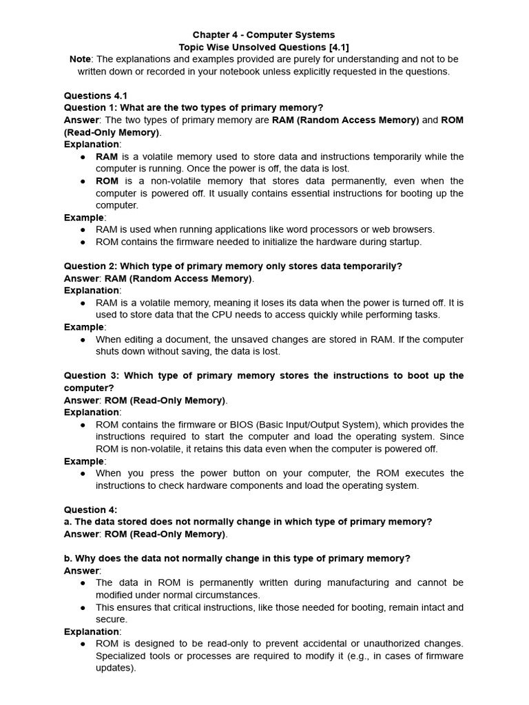 CIE LS 7 COMPUTING Chapter 4 - Computer Systems - Topic Wise Unsolved Questions (4.1) | PDF ...