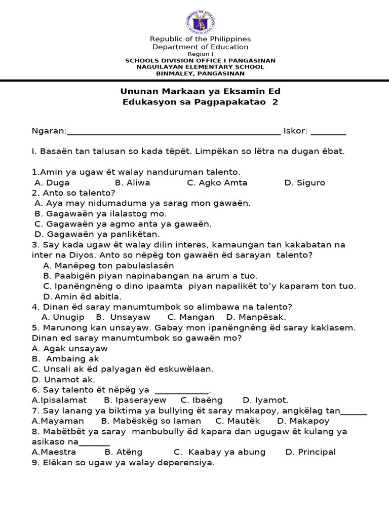 Ununan Markaan Ya Eksamin Ed ESP II Q1 | PDF