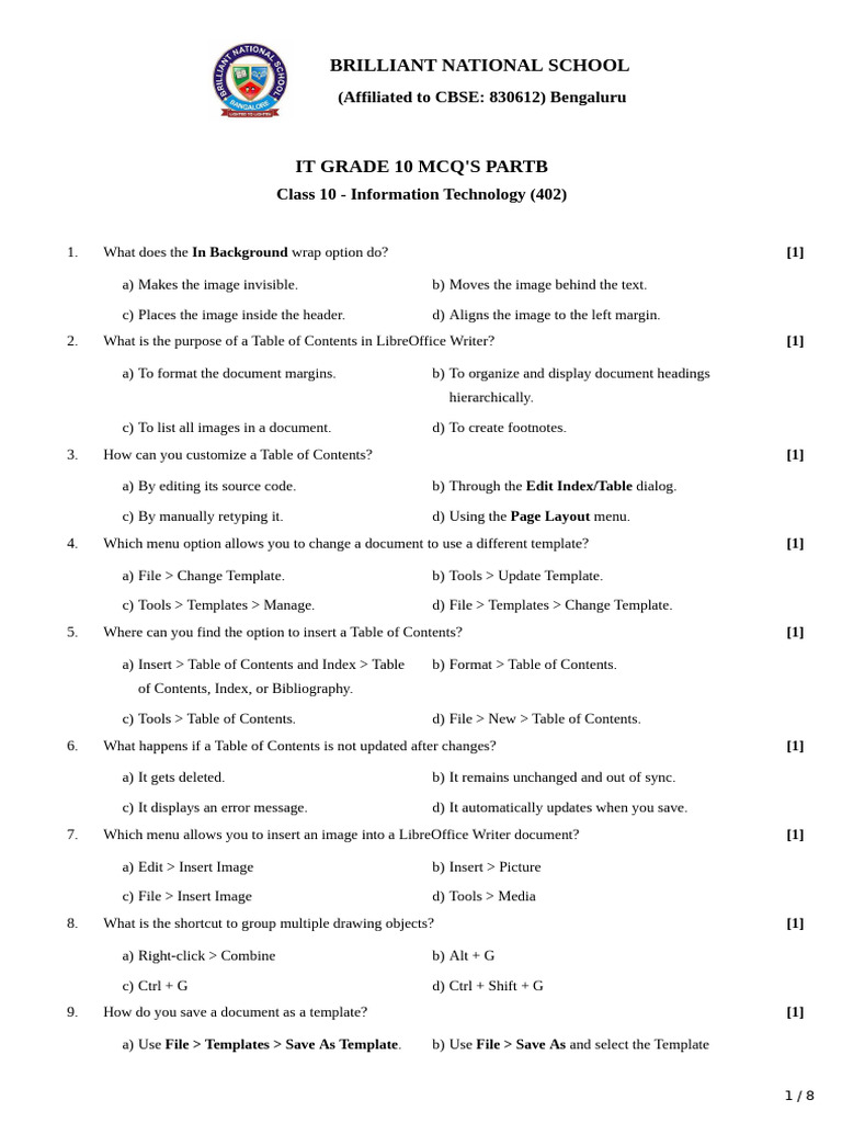 10th It Mcq's Part B | PDF | Spreadsheet | Databases