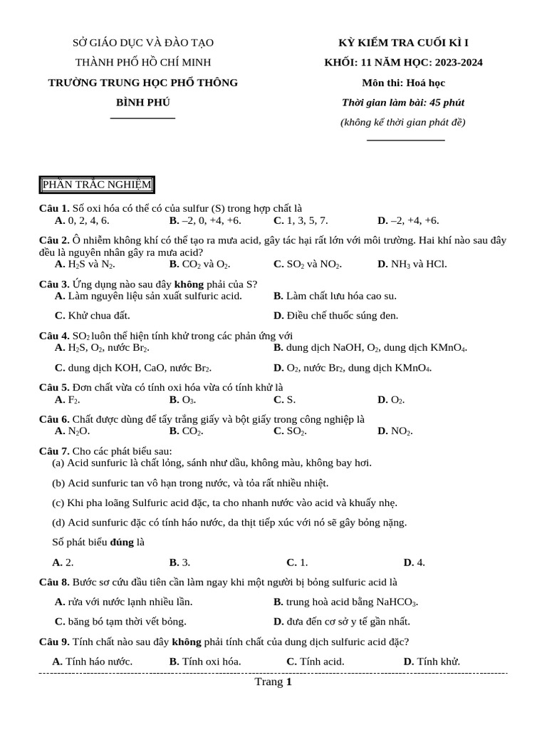 Bình Phú Hóa 11 de Đa Ck1 23-24 | PDF