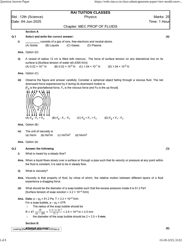 Xii Phy Mec Prop of Fluids 04.06.25 Soln A | PDF | Pressure | Force