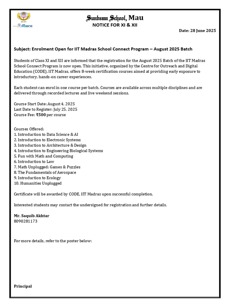 IITM School Connect Notice Class XI XII | PDF