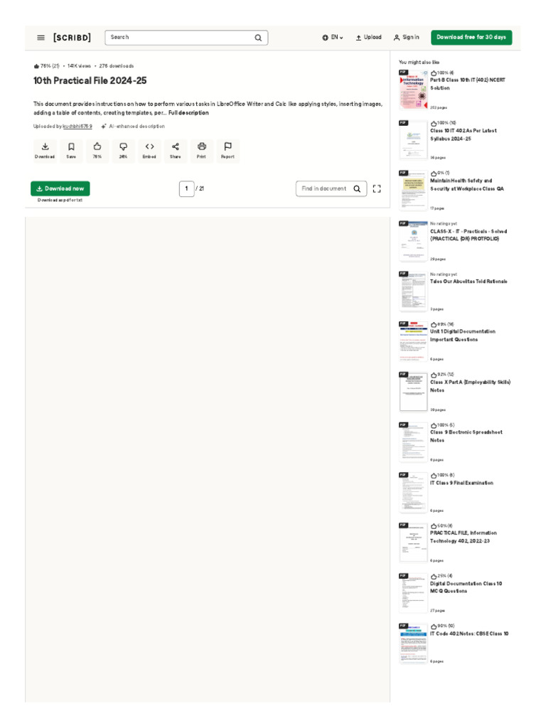 WWW Scribd Com Document 739081198 10th Practical File 2024 25 | PDF | Spreadsheet | Hyperlink