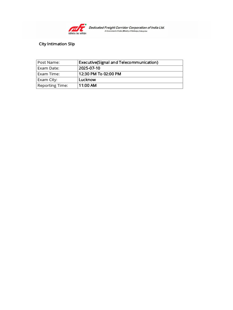 City Intimation Slip Dfccil | PDF