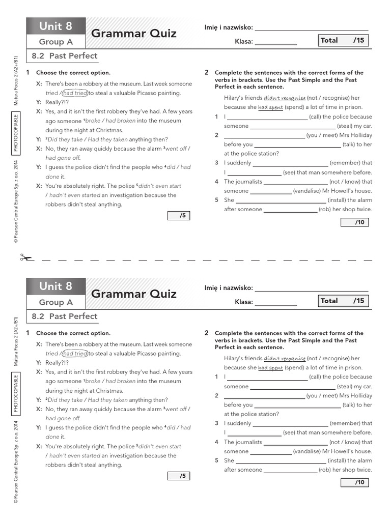 Grammar Quiz Lesson 8.2 - Group A | PDF | Linguistics | Grammar