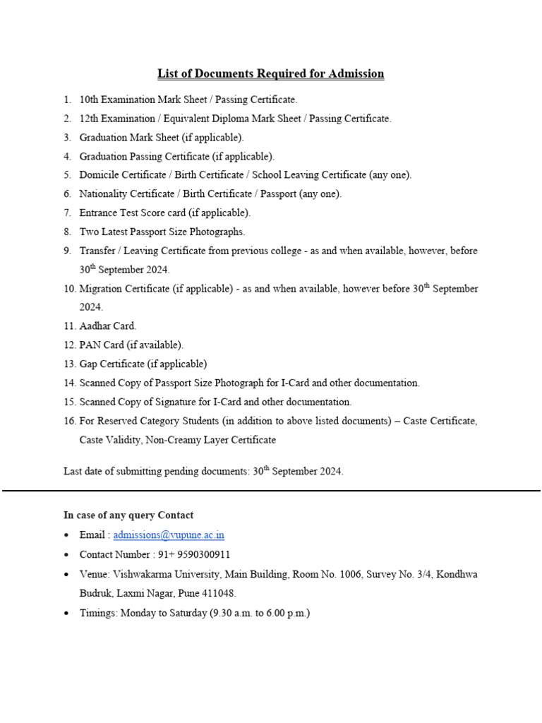 College Admission Documents List 2025 | PDF