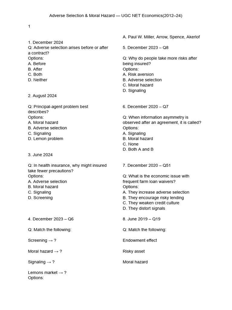 Adverse Selection & Moral Hazard - UGC NET Economics (2012-2024) | PDF ...