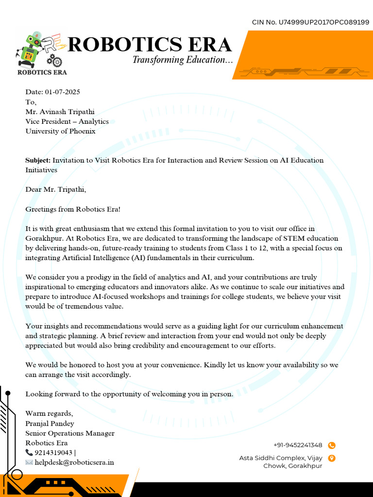 Invitation Letter at Robotics Era | PDF