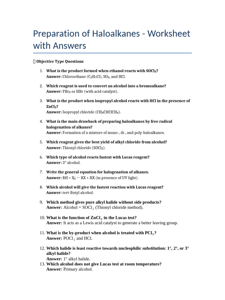 Haloalkane Preparation Worksheet | PDF | Chemical Reactions | Organic ...