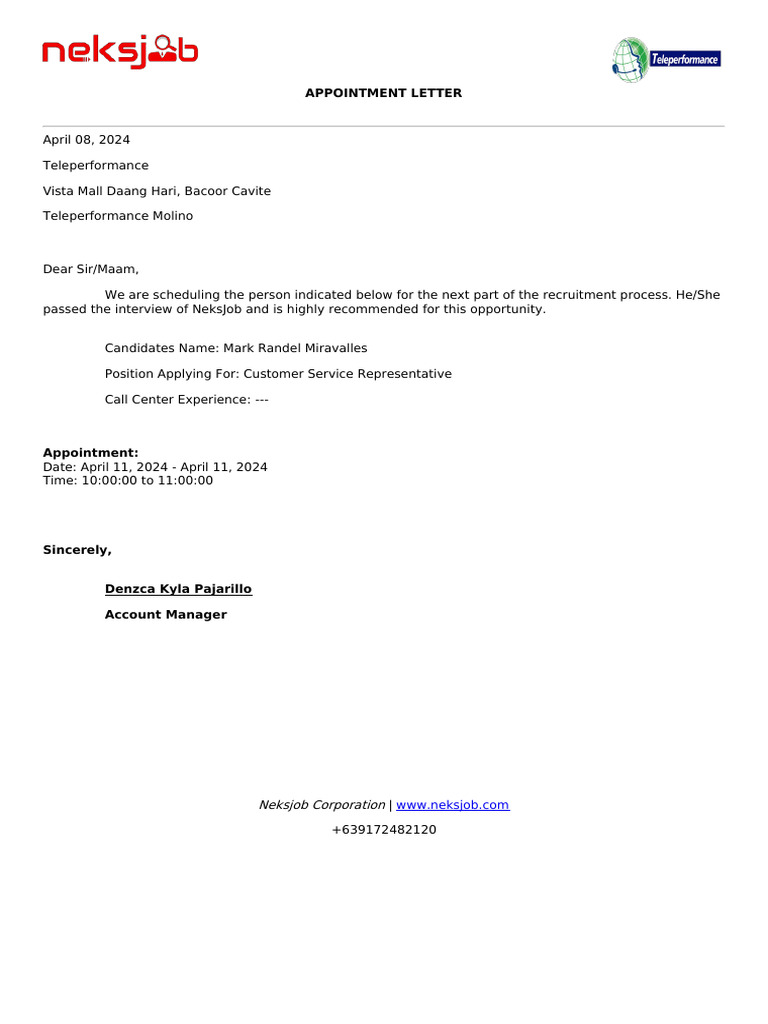 Teleperformance Molino Endorsement Letter | PDF