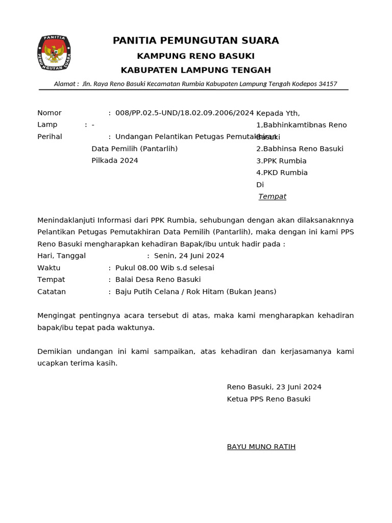 Undangan Pelantikan Pantarlih Pemilu 2024 | PDF