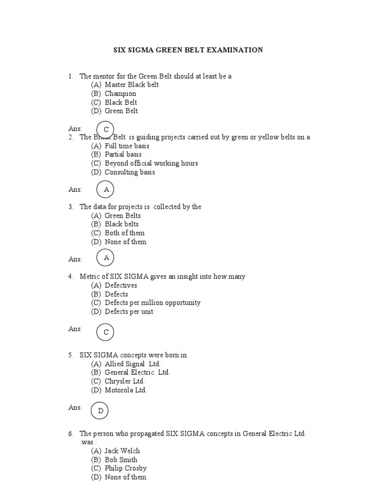 Six Sigma Green Belt Examination | PDF | Six Sigma | Normal Distribution