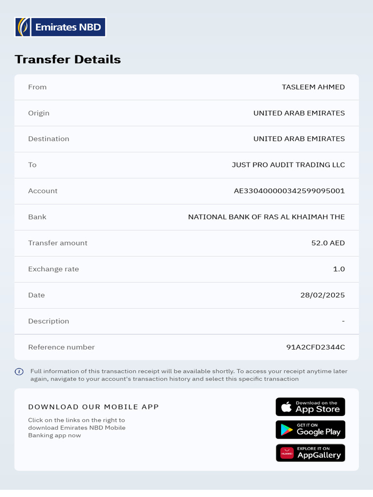 Transfer Receipt for Emirates NBD | PDF