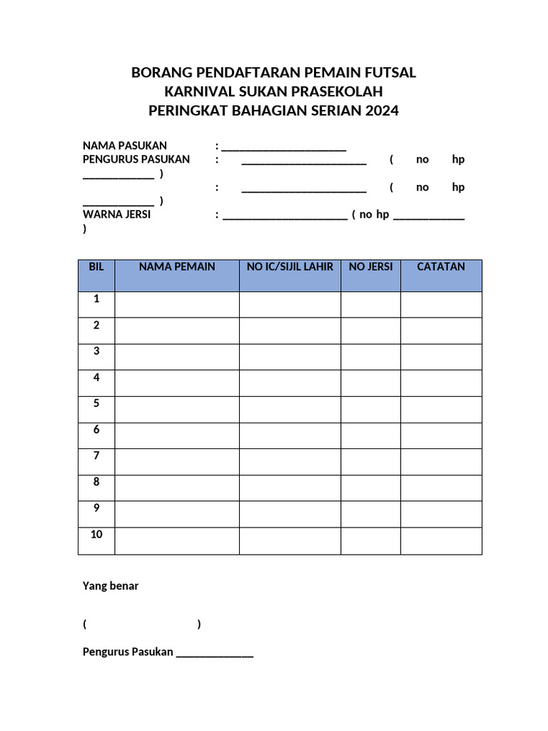 Borang Pendaftaran Pemain Futsal | PDF