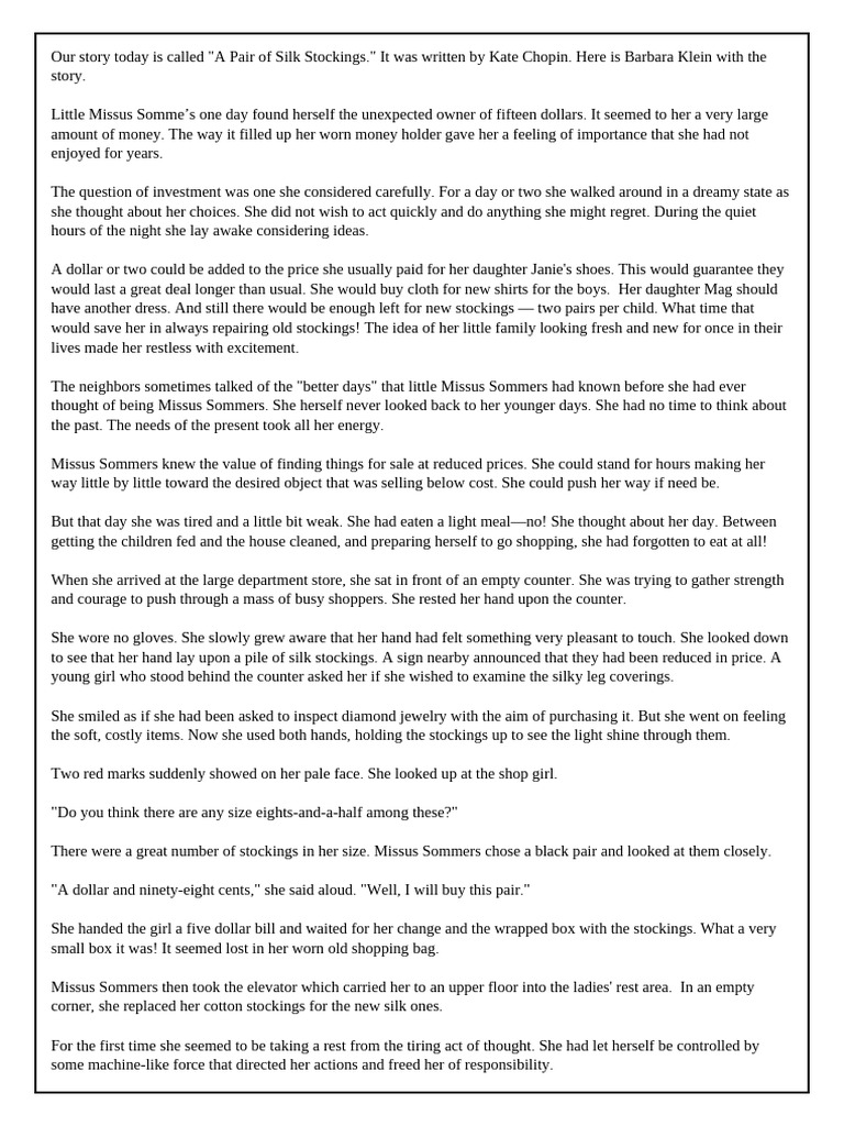 A Pair of Silk Stockings by Kate Chopin | PDF | Shoe | Glove