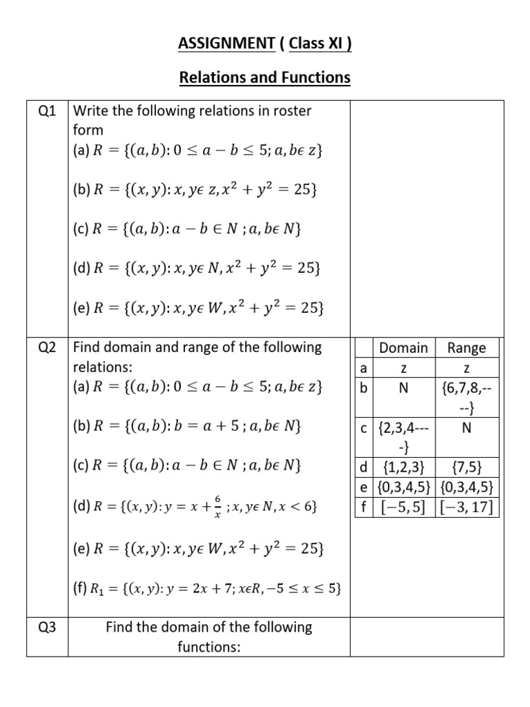 Class XI Relations and Functions Assignment | PDF