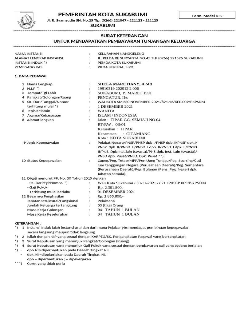 Surat Keterangan Tunjangan Keluarga | PDF