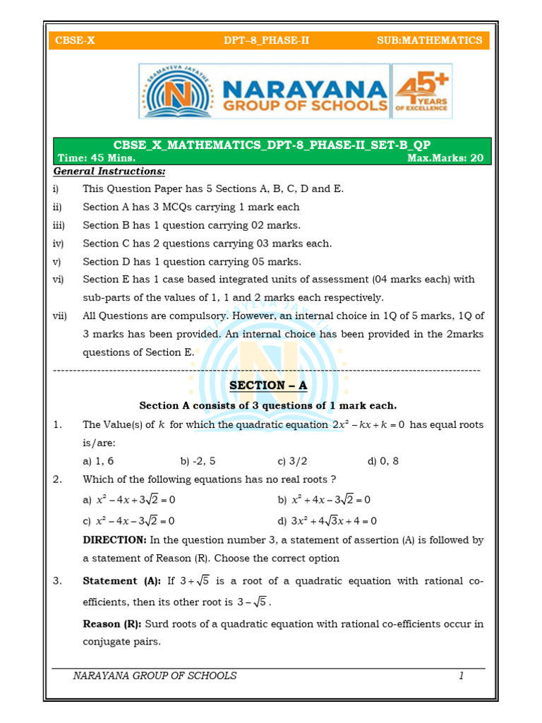 02 Cbse X Mathematics Dpt-8 Phase-II Set-B 27-11-2024 QP | PDF | Quadratic Equation | Mathematics