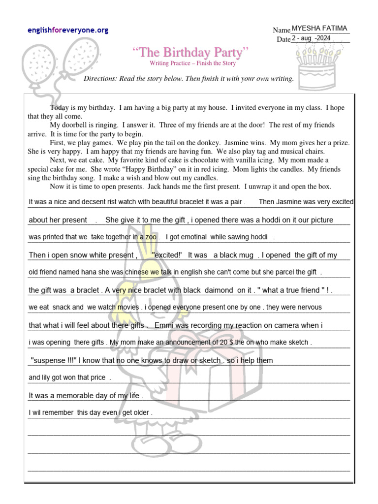 Finish The Story - The Birthday Party | PDF