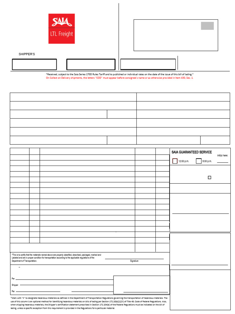 Saia LTL Freight Bill of Lading Form | PDF | Cargo | Bill Of Lading