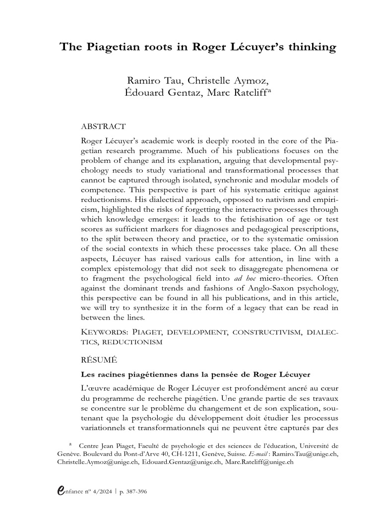 Tau Et Al The Piagetian Roots in Roger Lecuyers Thinking 2024 | PDF ...