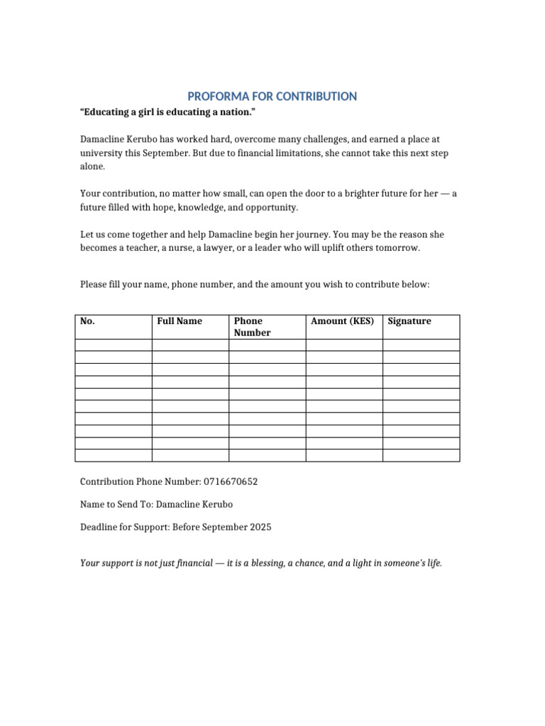Proforma For Contribution Damacline Kerubo | PDF