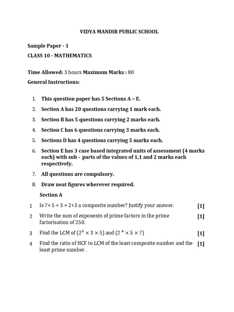 Maths, Sample Paper 1, Class X.. | PDF | Equations | Quadratic Equation