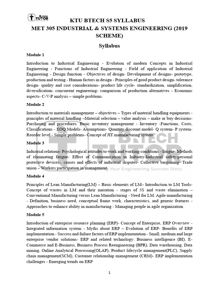 Met 305 Industrial Systems Engineering | PDF | Lean Manufacturing | Enterprise Resource Planning