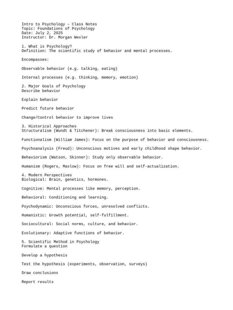 Intro To Psychology - Class Notes | PDF
