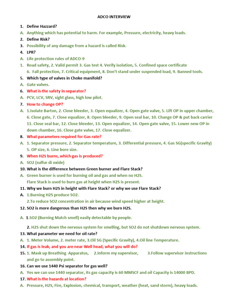 ADCO Safety and Operations Interview Guide | PDF | Valve | Gases