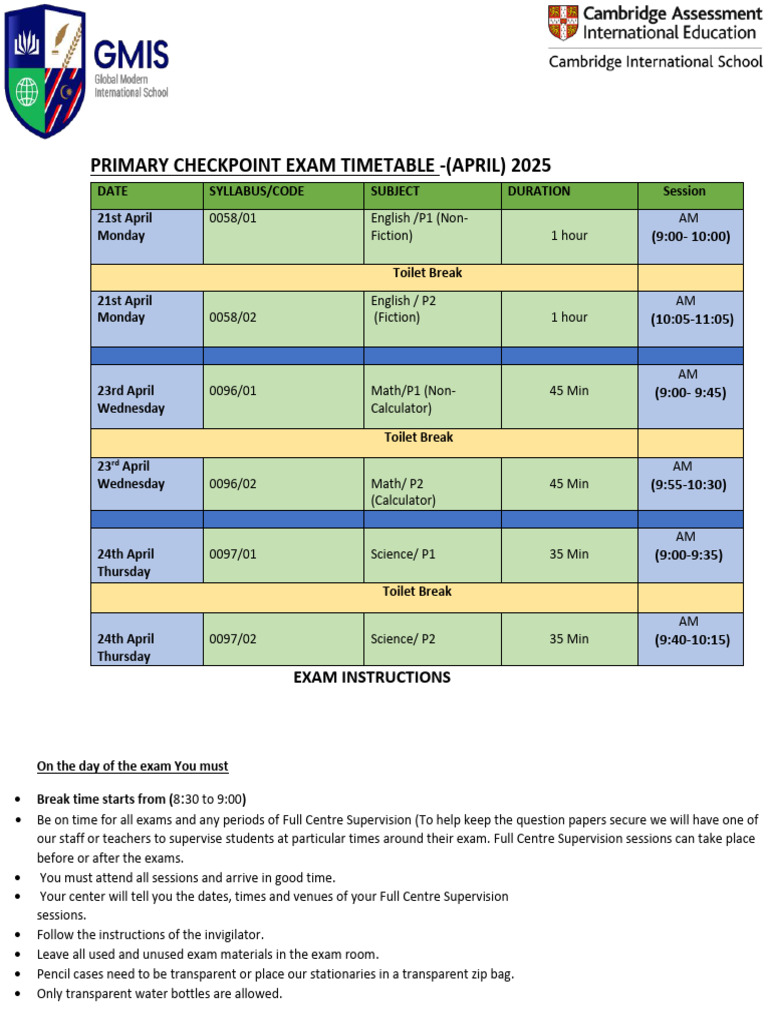 April 2025 Primary Checkpoint Exam Schedule | PDF | Qualifications