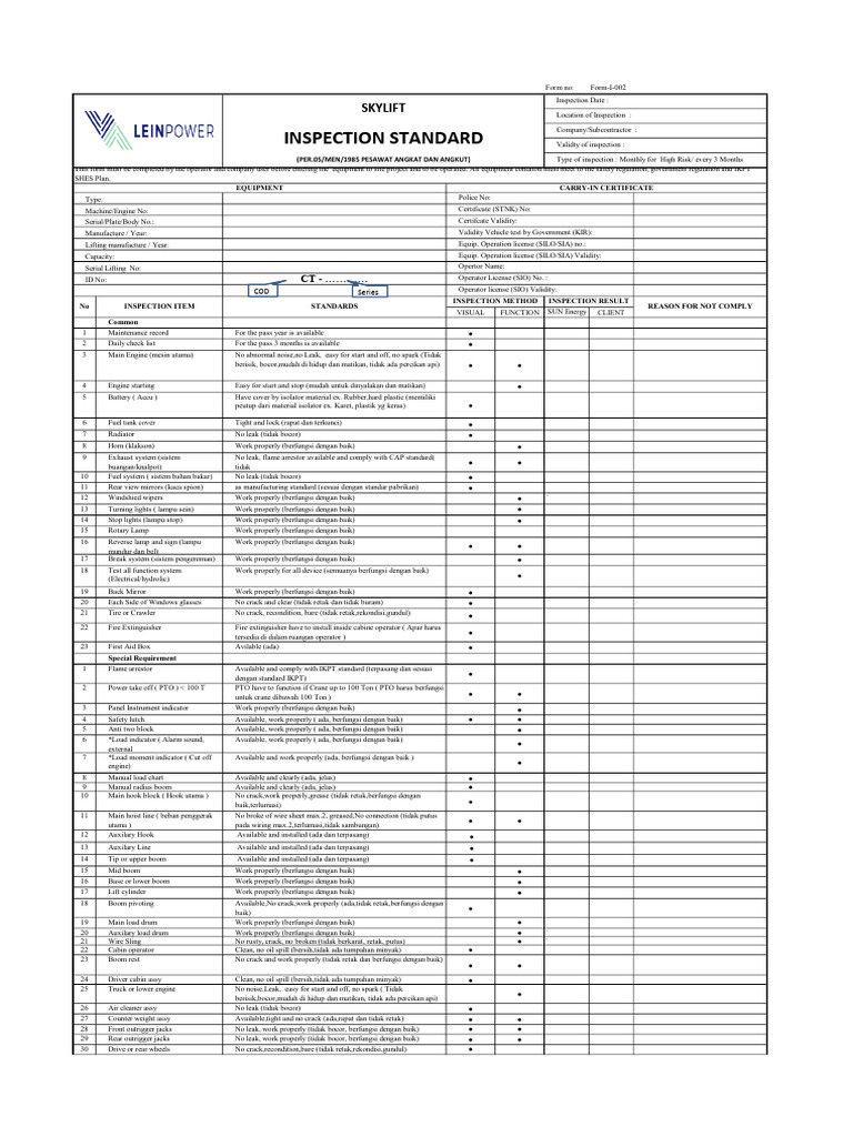 Skylift Inspection Checklist Form | PDF