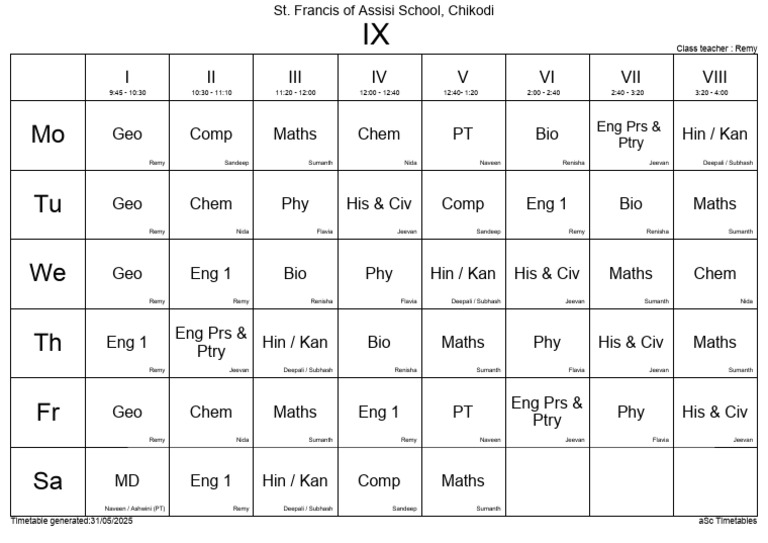 9th Grade Class Timetable Format | PDF