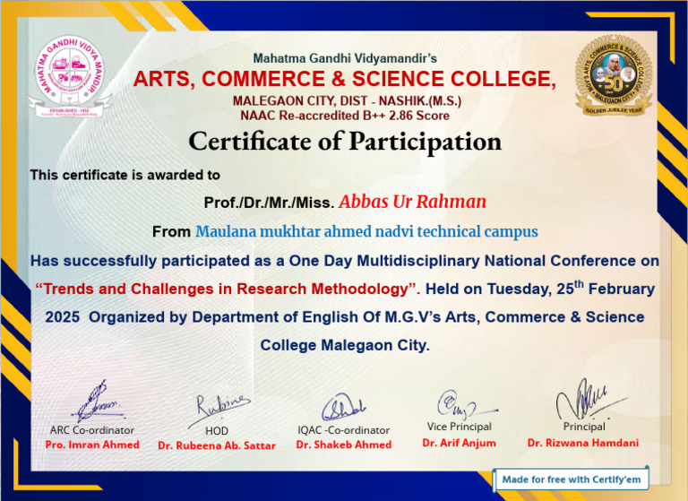 Certificate For Abbas Ur Rahman For - Feedback Form of One Day Mu... | PDF