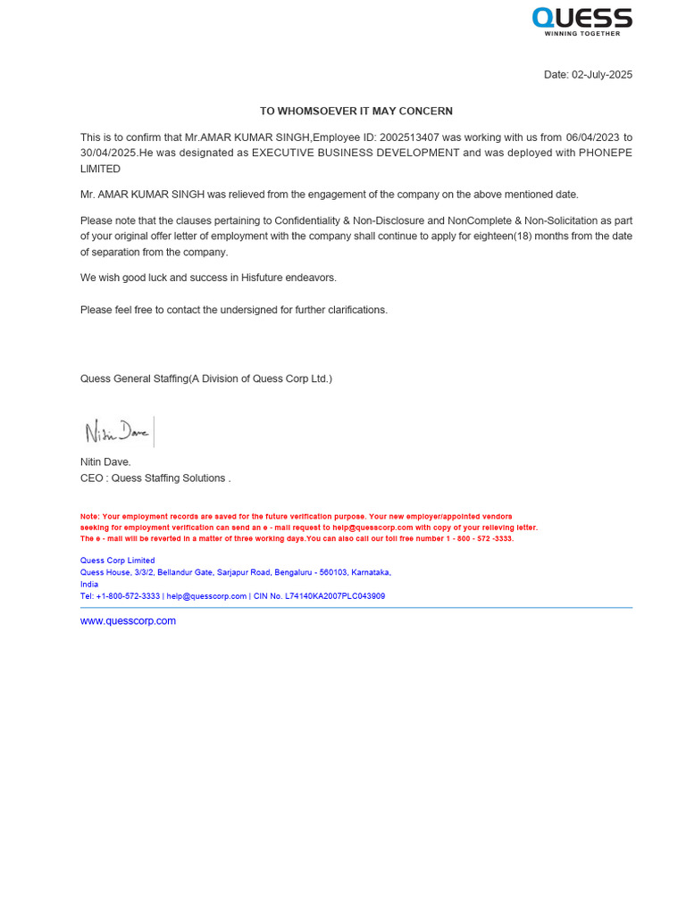 Relieving Letter | PDF