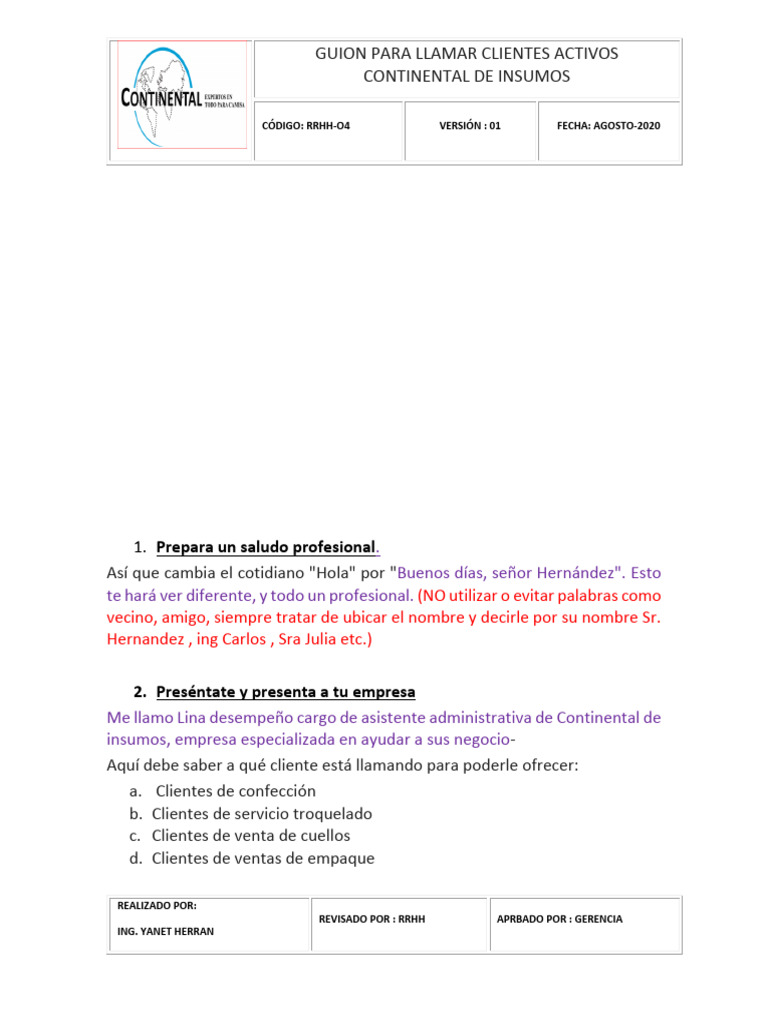 Guion para Llamar Clientes Activos Continental de Insumos-1 | PDF