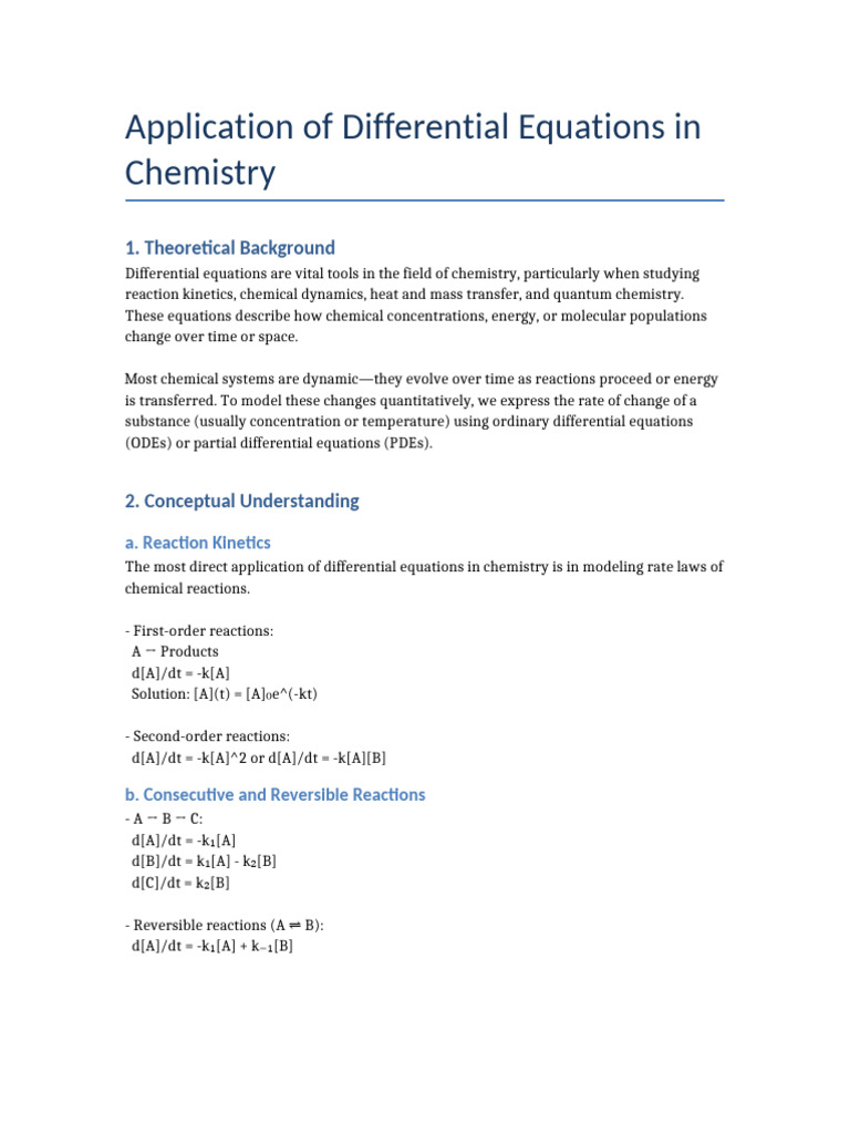Application of Differential Equations in Chemistry | PDF