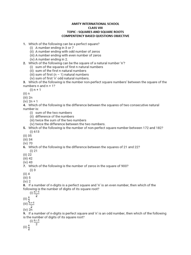 Class 8 Maths: Squares & Roots MCQs | PDF
