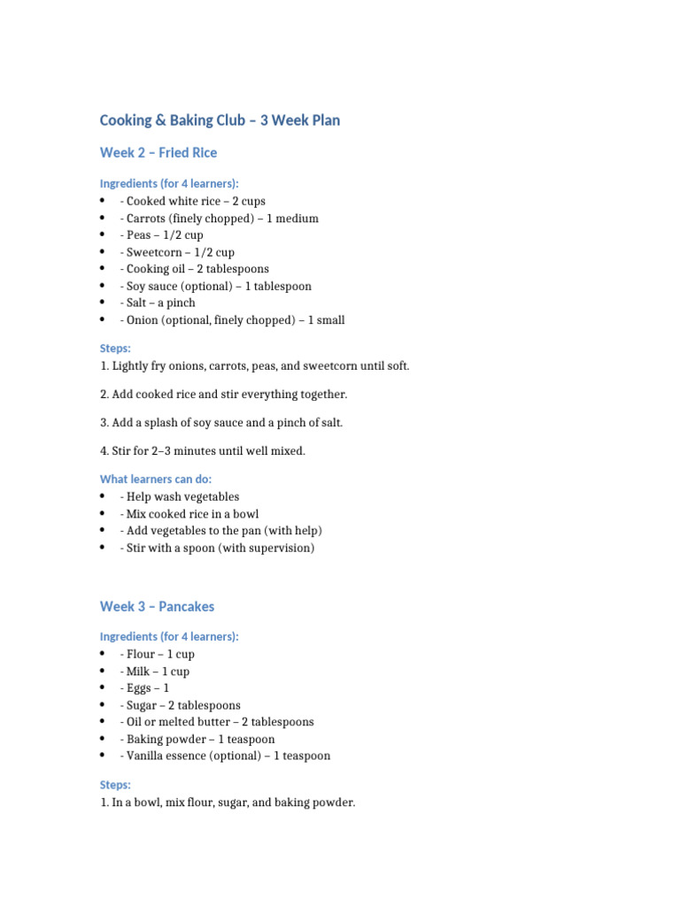 Cooking and Baking Club 3 Week Plan | PDF