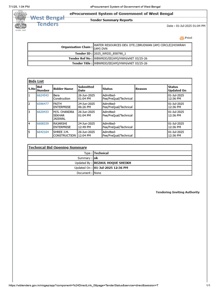West Bengal eProcurement Tender Summary | PDF | Procurement | Business