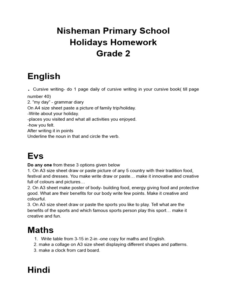 Grade 2 Holiday Homework Assignments | PDF | Adam | Garden Of Eden